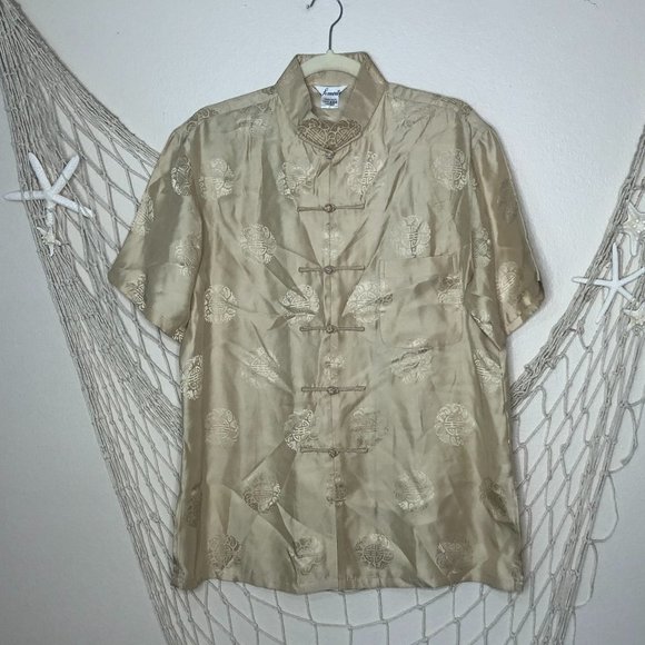 Simeite | Shirts | Simeite Tan Silk Satin Short Sleeve Shirt Mandarin ...